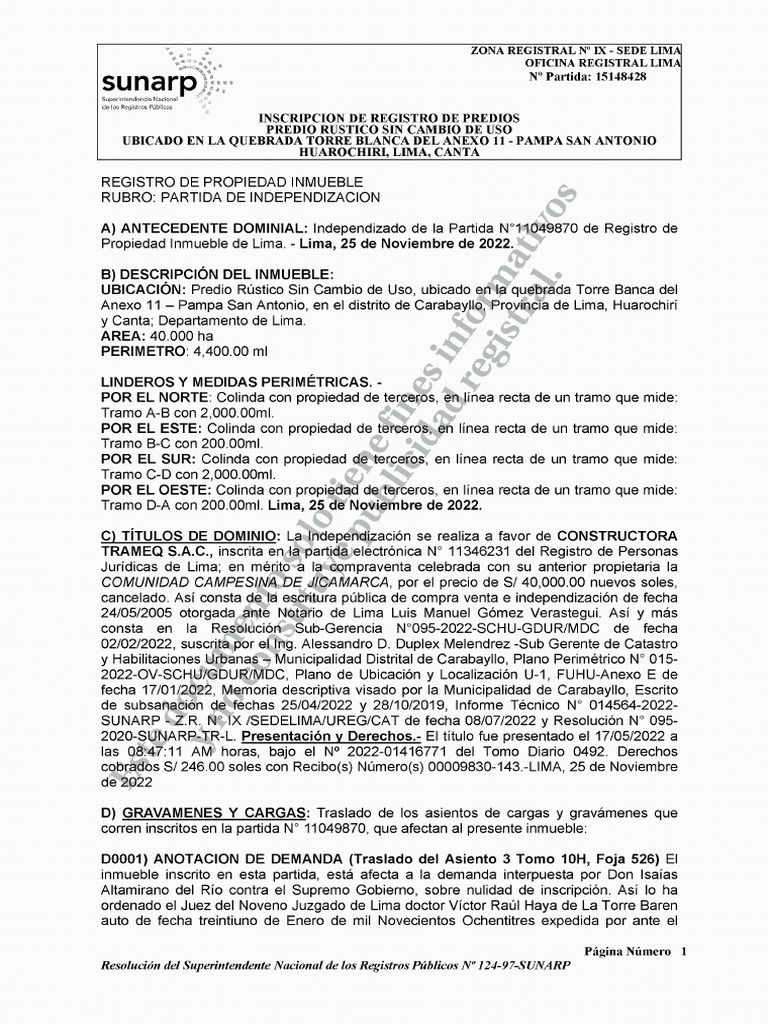 Titulo 2022 1416771 Partida 15148428 Ha 40 | PDF