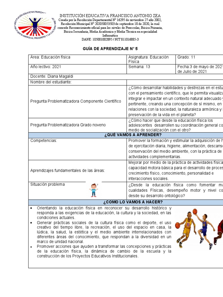 Guia 5 Educacion Fisica Grado Once | PDF | Educación de la primera infancia | Educación primaria