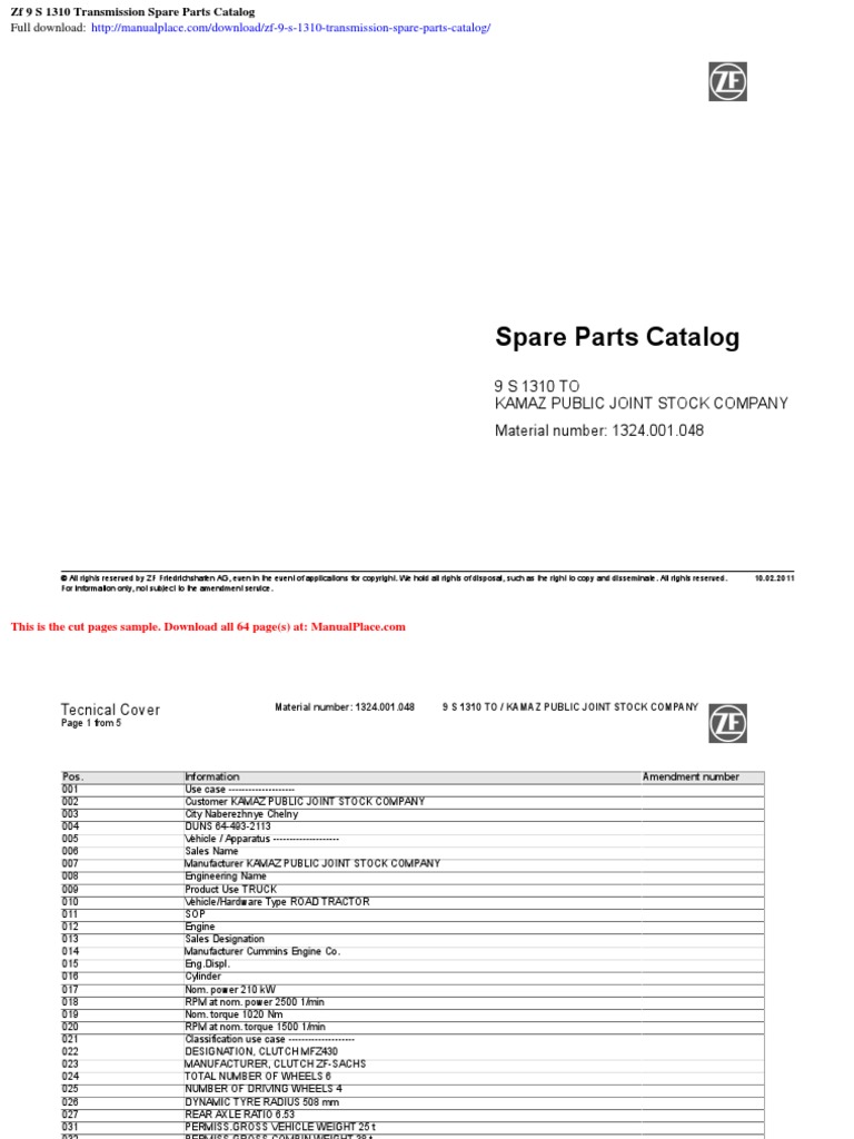 ZF 9 S 1310 Transmission Spare Parts Catalog | PDF | Gear | Screw