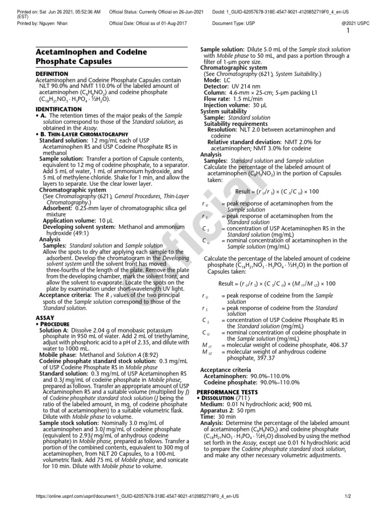 Acetaminophen and Codeine Phosphate Capsules | PDF | Chromatography | Concentration