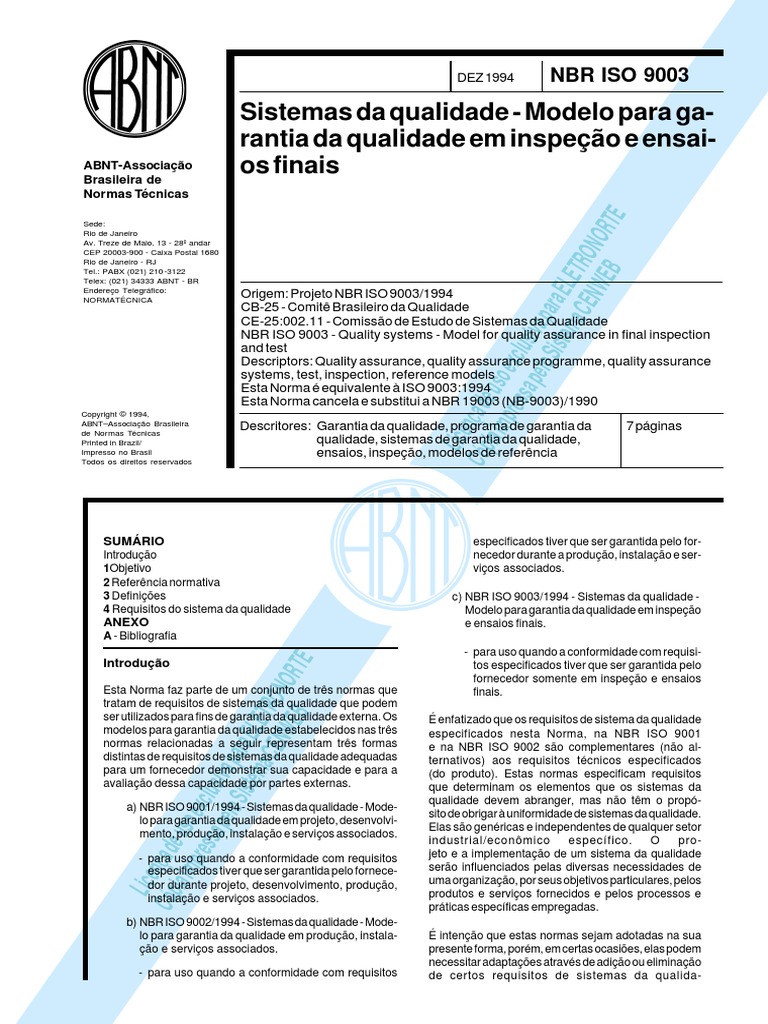 NBR 9003 - Sistema Da Qualidade (ISO 9003) | PDF | ISO 9000 | Qualidade ...