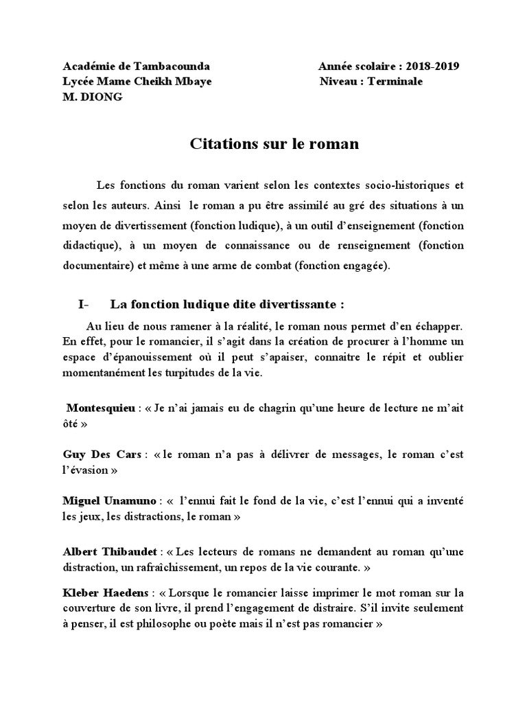Fonctions du roman : citations clés | PDF | Romans | Vérité