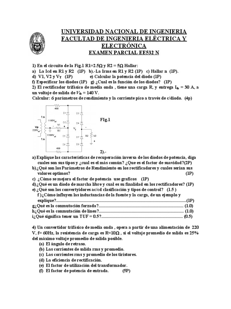 Ex. Parcial Ee532 - Fiee Uni | PDF | Rectificador | Ingenieria Eléctrica