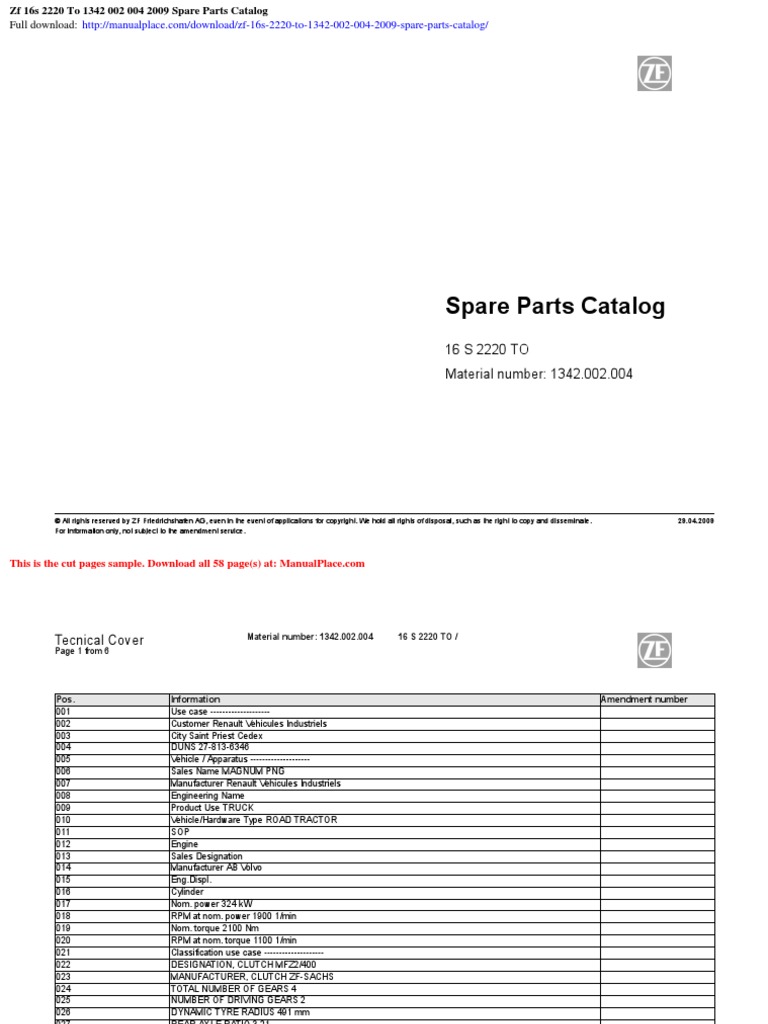 ZF 16s 2220 To 1342 002 004 2009 Spare Parts Catalog | PDF | Gear | Vehicle Technology