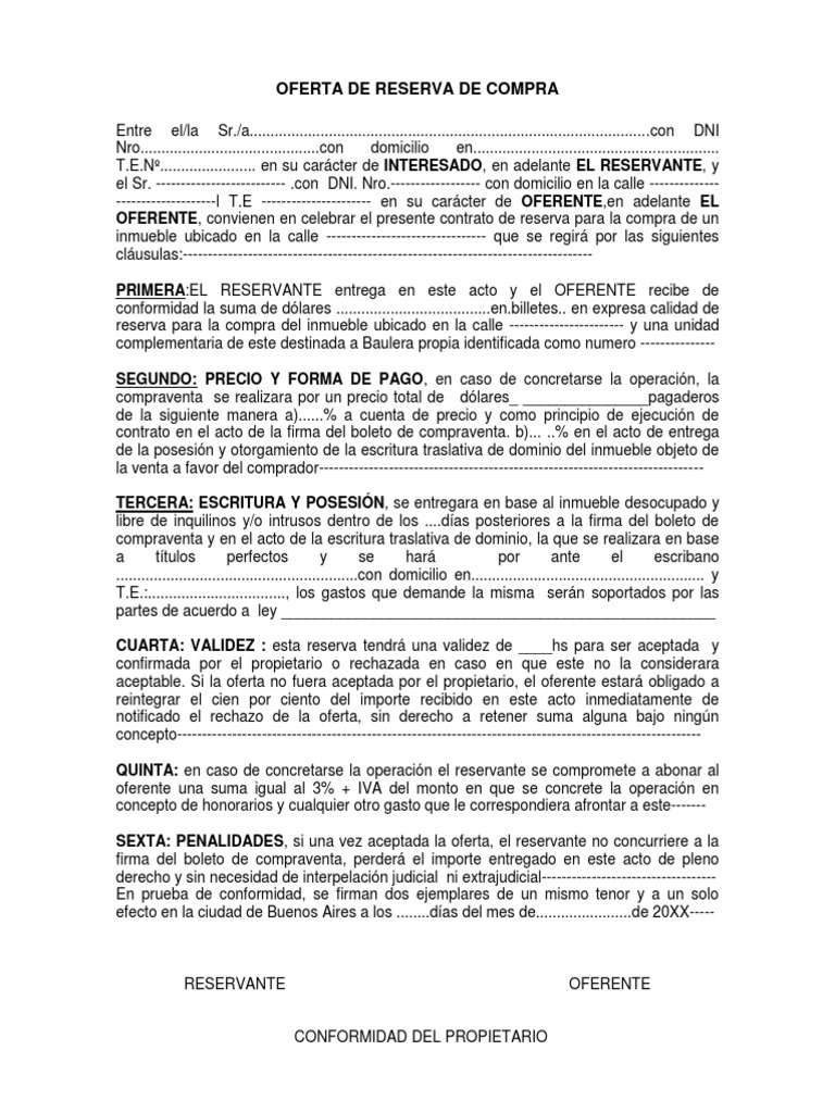 Reserva de Compra Venta | PDF | Derecho privado