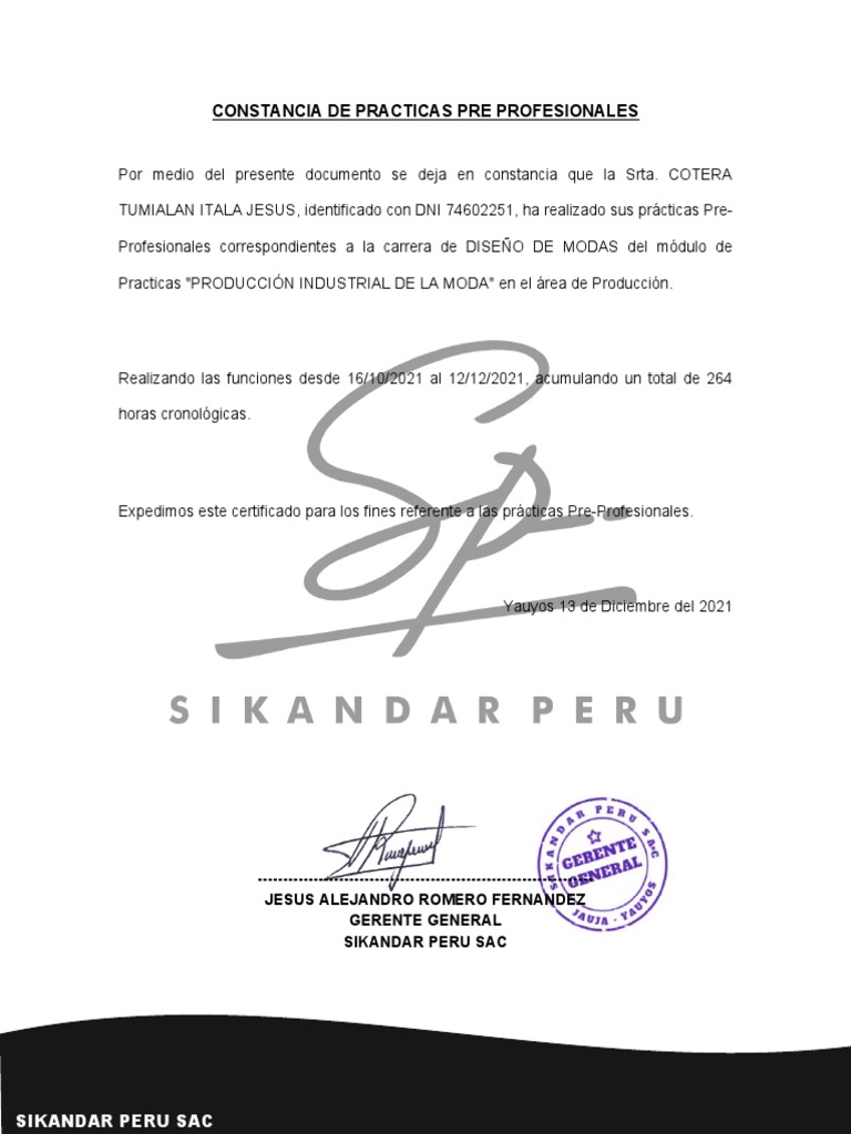 Constancia de Practica Pre Profesional | PDF