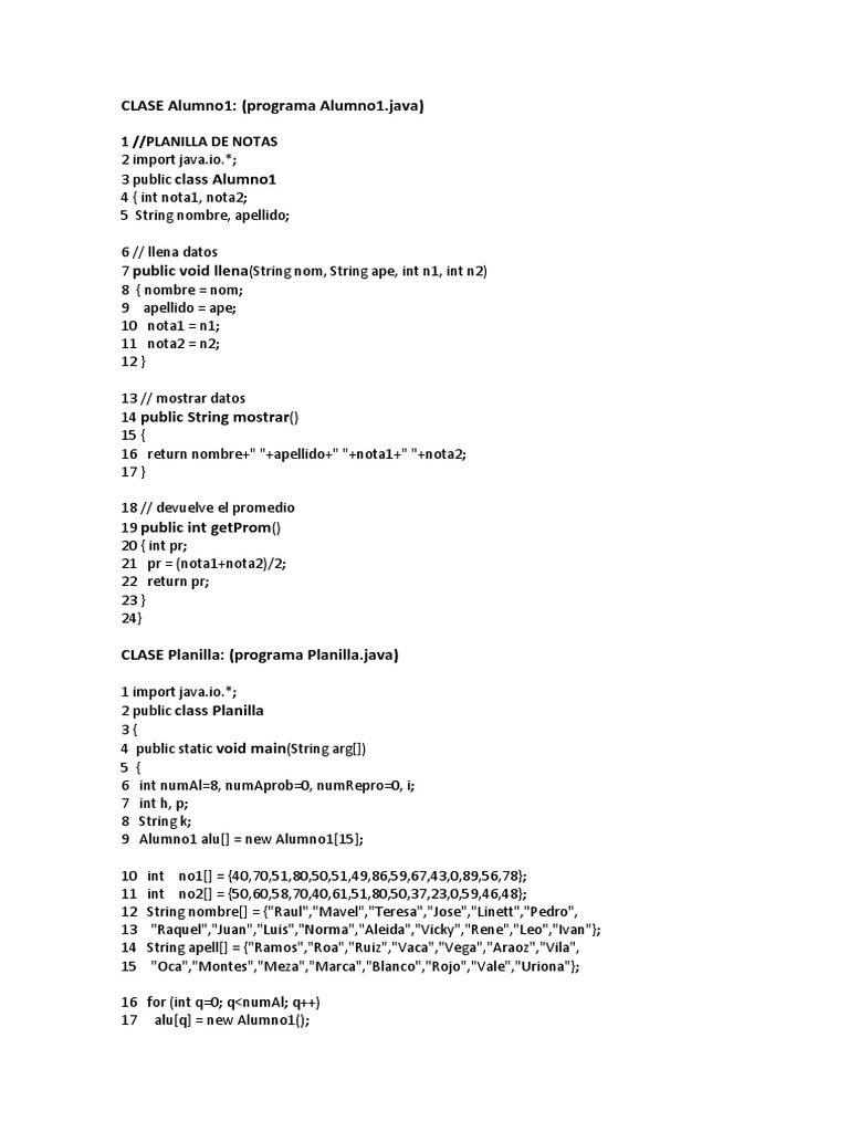 Planilla de Notas en Java: Alumno y Promedios | PDF | Métodos y ...