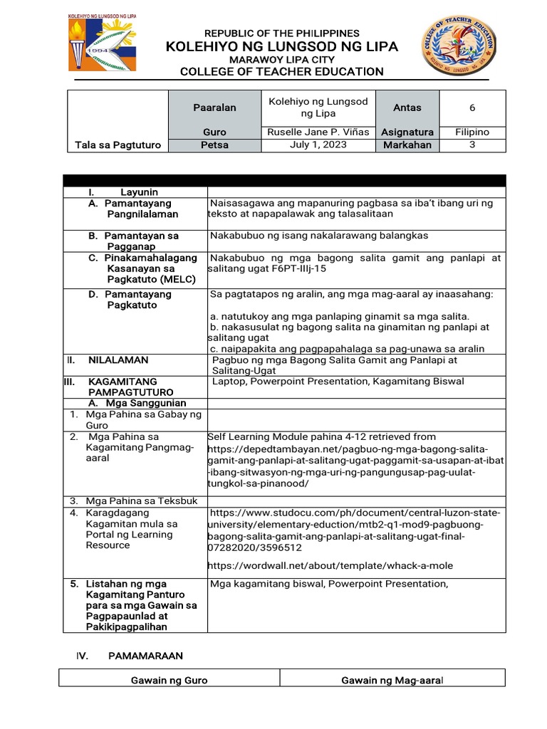 Filipino Lesson Plan | PDF