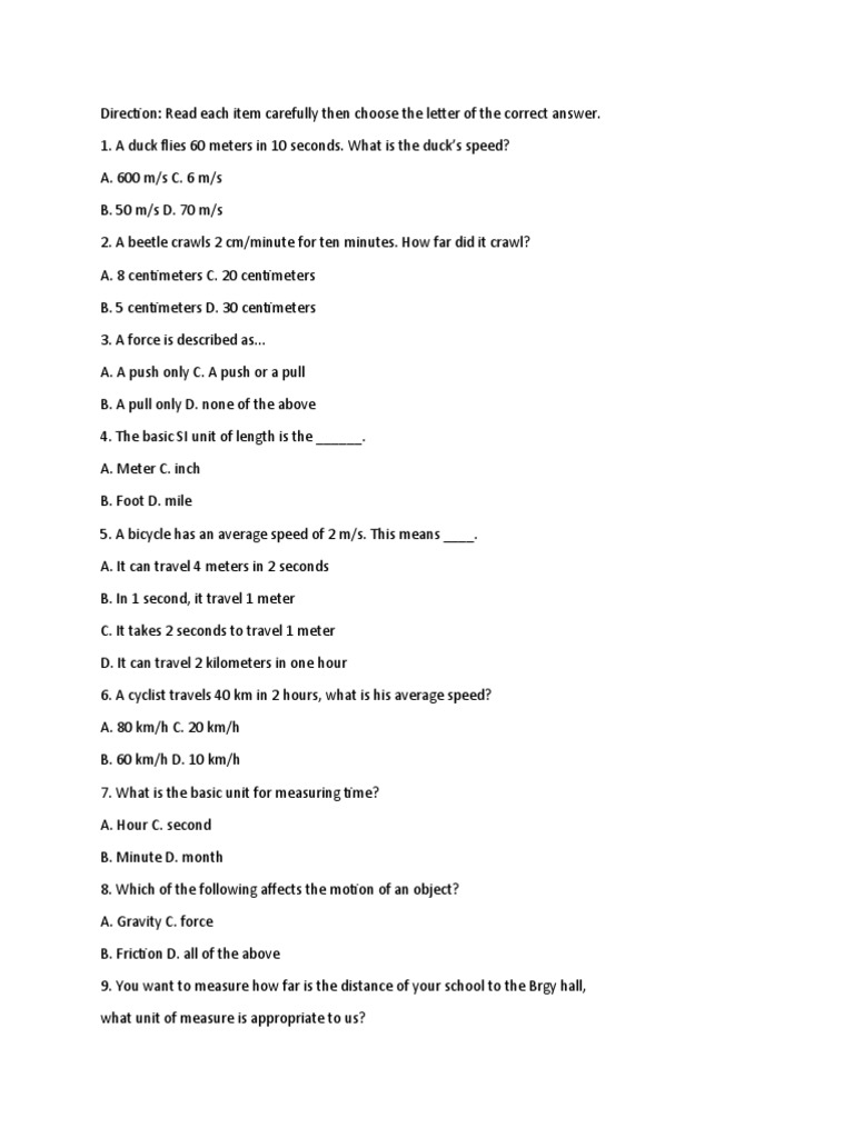Science Quiz: Motion and Electricity Concepts | PDF | Electrical ...