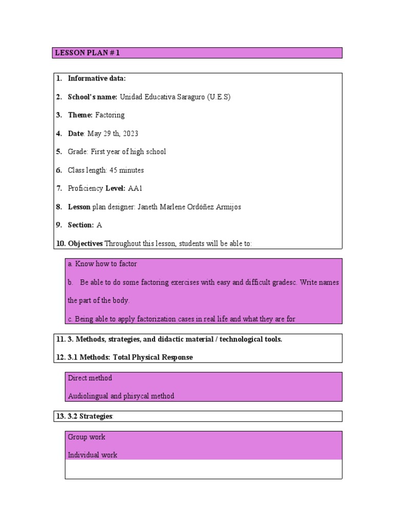 Lesson Plan No. 1 Bachillerato | PDF