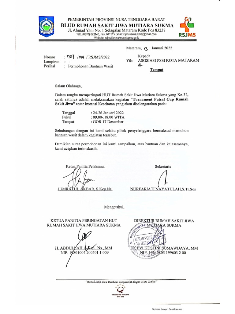 Surat Permohonan Wasit Turnamen Futsal Cup RSJMS | PDF