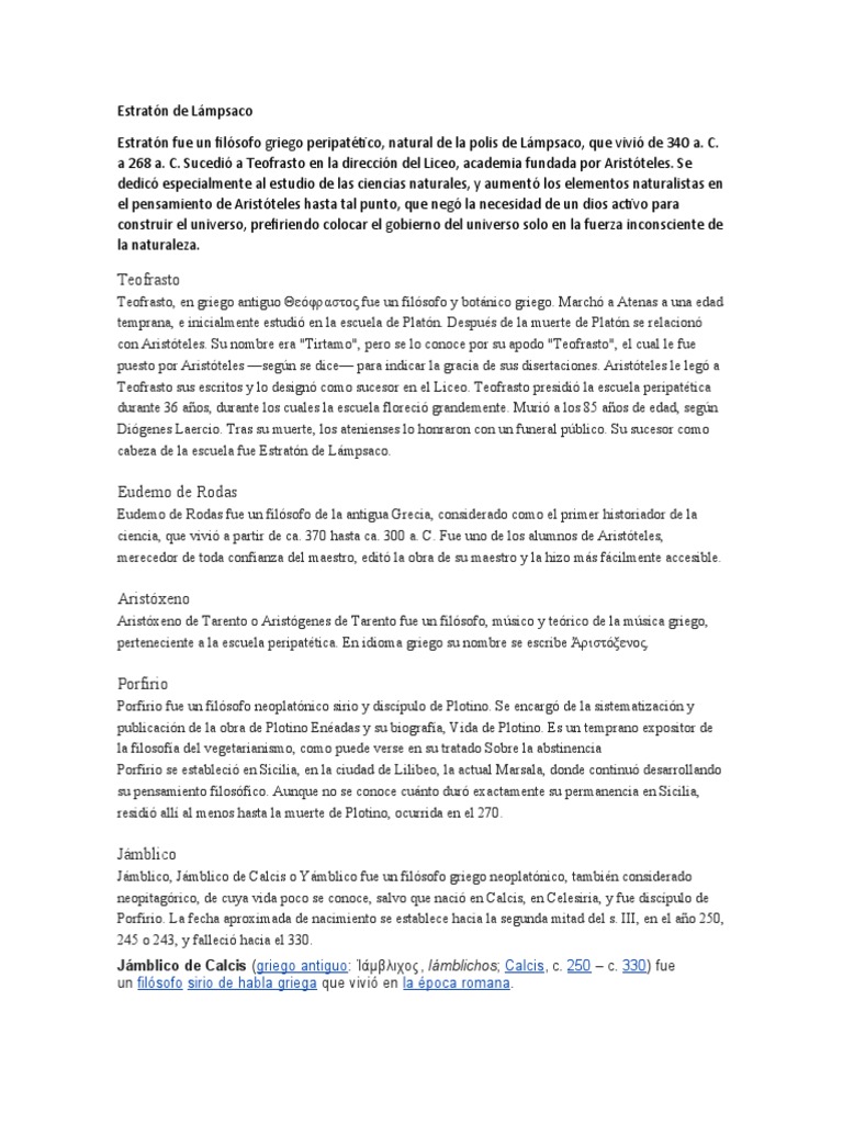 Estratón de Lámpsaco: Filósofo Peripatético | PDF | Filosofía griega ...