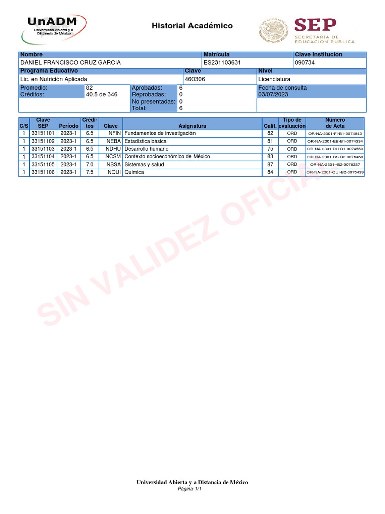Sin Validez Oficial: Historial Académico | PDF