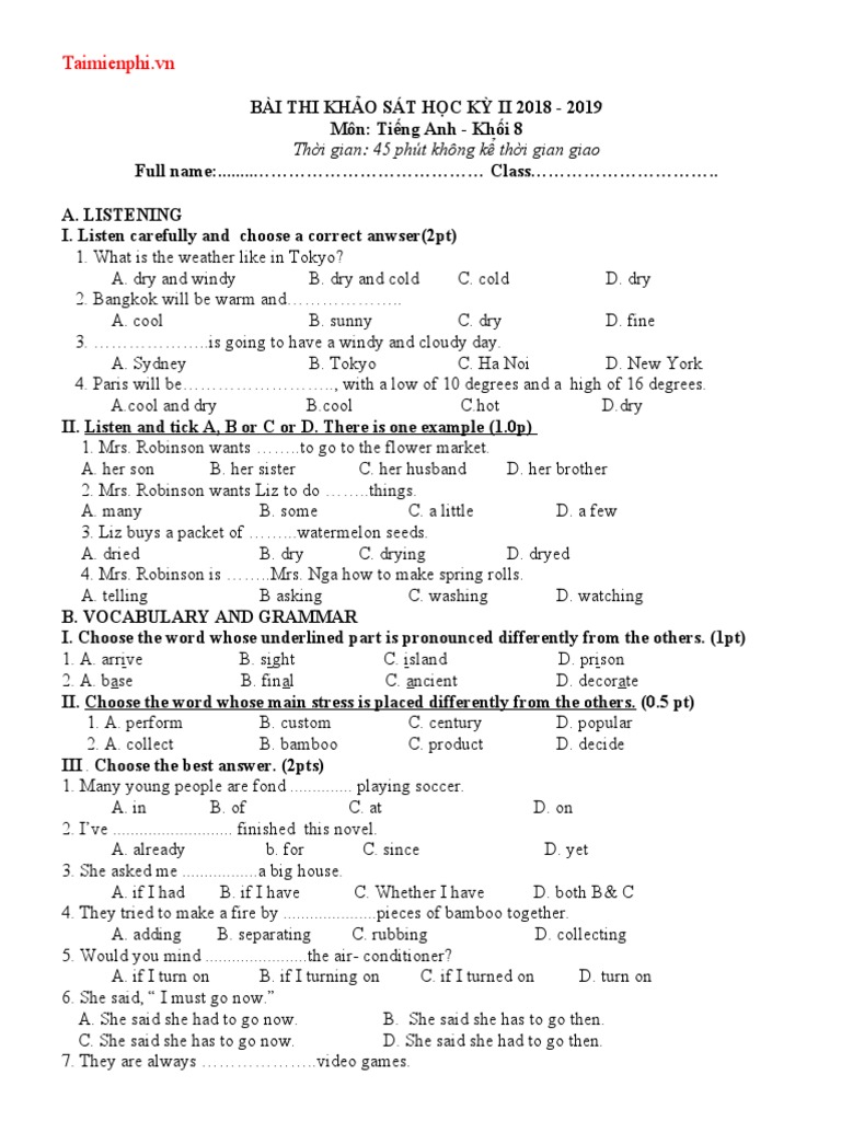 De Thi Hoc Ki 2 Mon Tieng Anh Lop 8 de So 4 | PDF | Vietnam | Vietnamese People