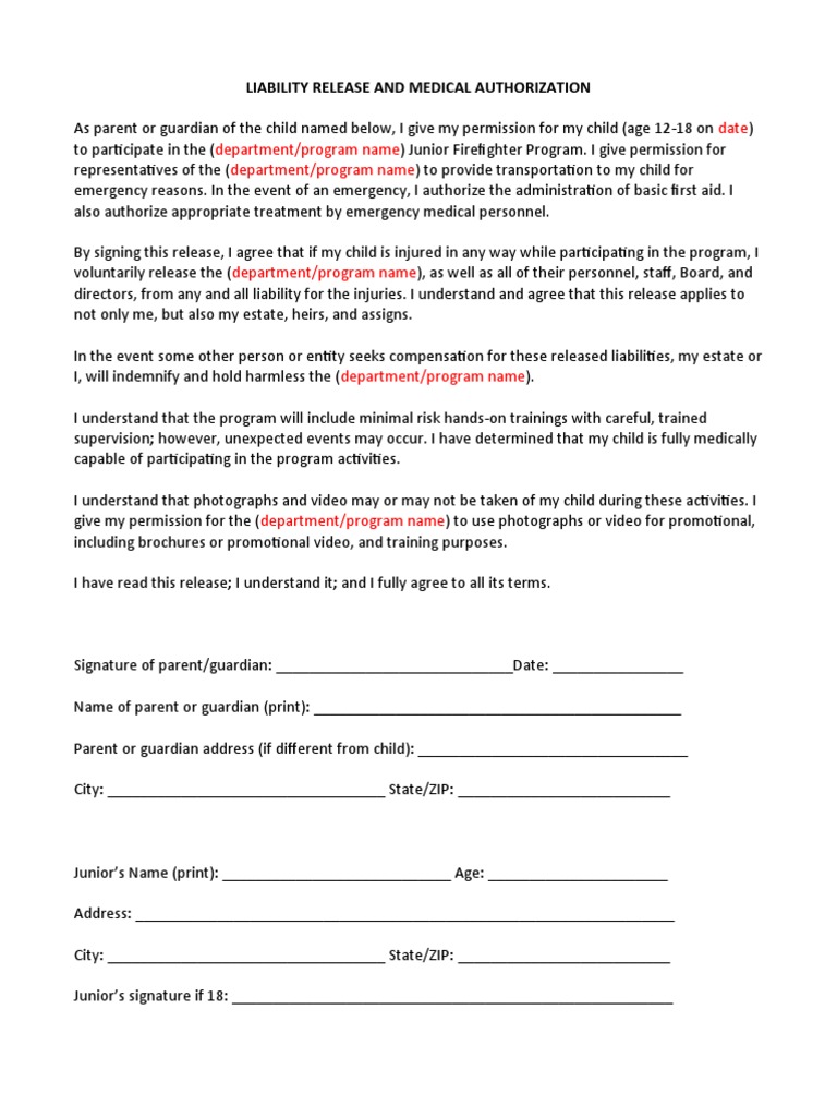 National Junior Firefighter Program Sample Parental Consent Form | PDF