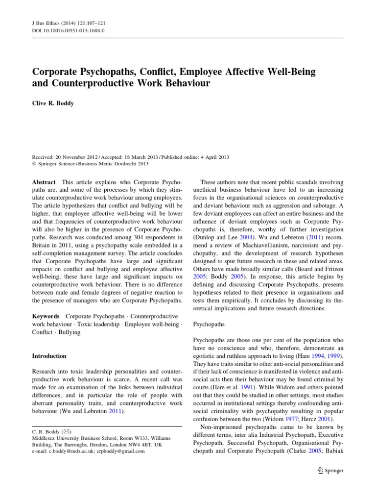 Corporate Psychopaths, Conflict, Employee Affective Well-Being and ...