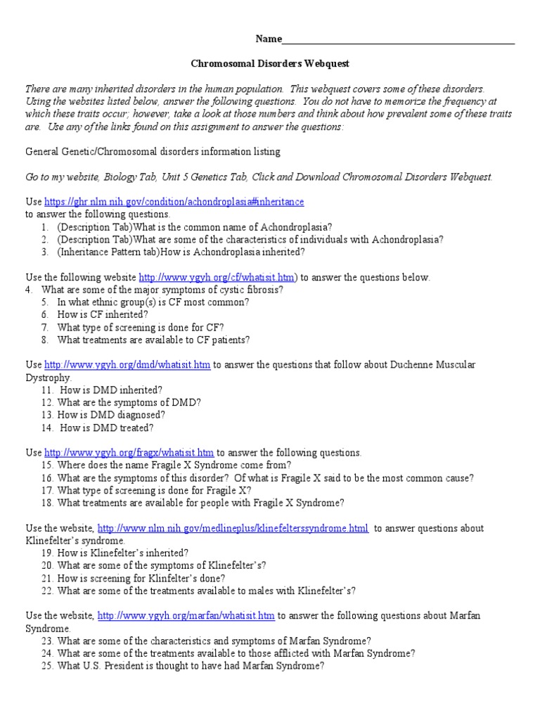 Chromosomal Disorder Webquest | PDF | Genetic Disorder | Diseases And ...