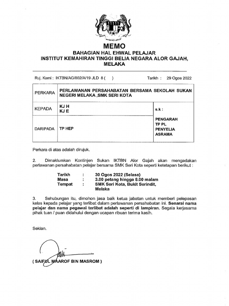 MEMO PELEPASAN KELAS PERLAWANAN PERSAHABATAN | PDF