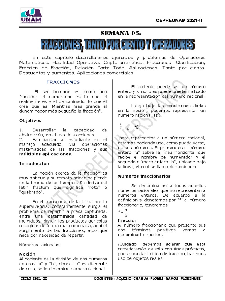 2 Claves Practica Nro 05 Fracciones y Porcentajes Cepre Unam 2021 II Formato | PDF | Número ...