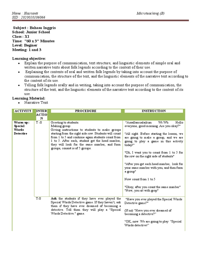 Lesson Plan Microteaching Hasrianti B5 | PDF