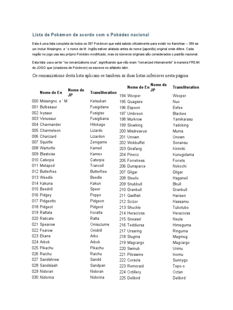 Lista Pokémon Completa | PDF | Jogos japoneses | Pokémon