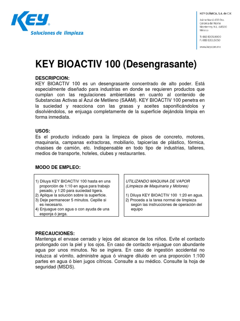 Ficha Tecnica Desengrasante Key HT - 224 Bioactiv 100 | PDF