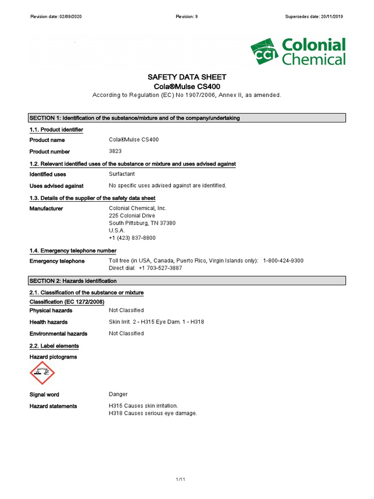 ColaMulse CS400 SDS EU English 2 September 2020 | PDF | Dangerous Goods ...