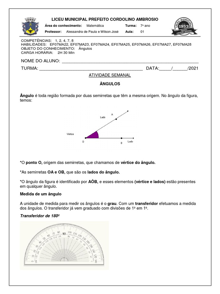 Atividade 1 Ngulos PDF | PDF | Ângulo | Linha (Geometria)
