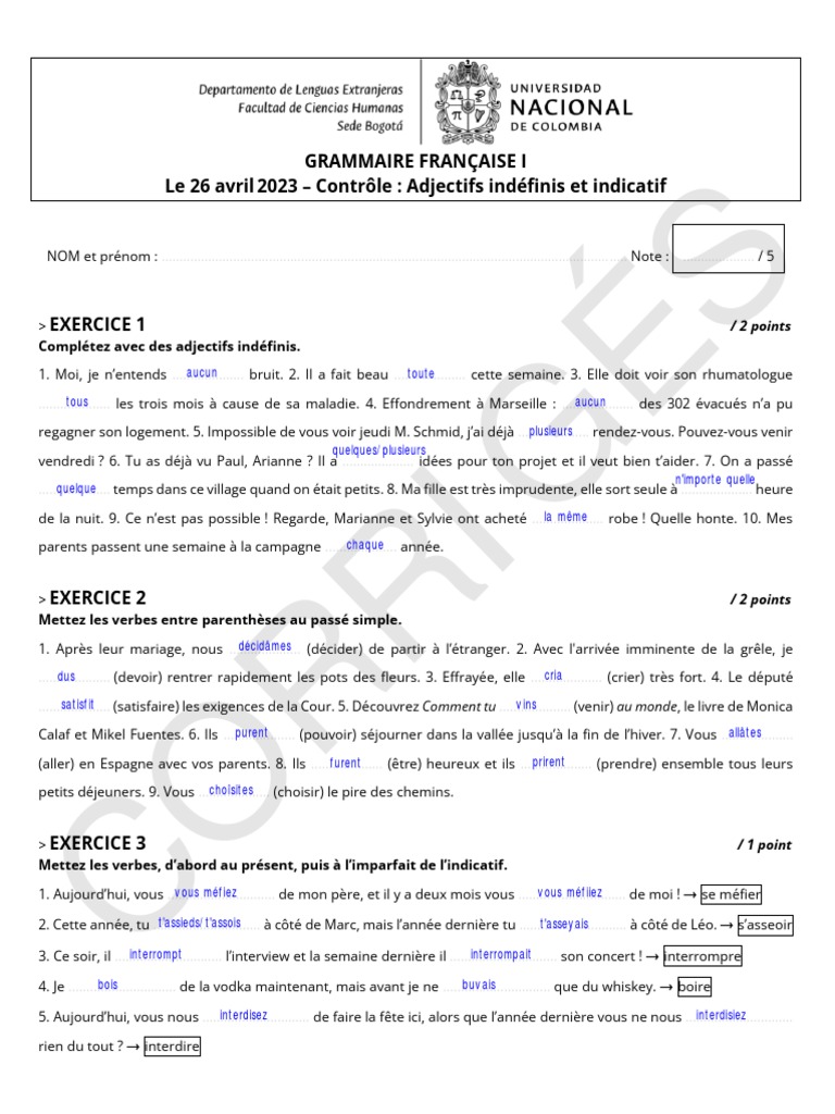 Exercices sur les adjectifs indéfinis | PDF