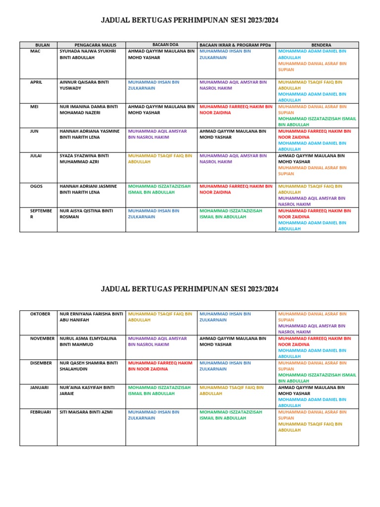 JADUAL BERTUGAS PERHIMPUNAN 2023-2024 | PDF