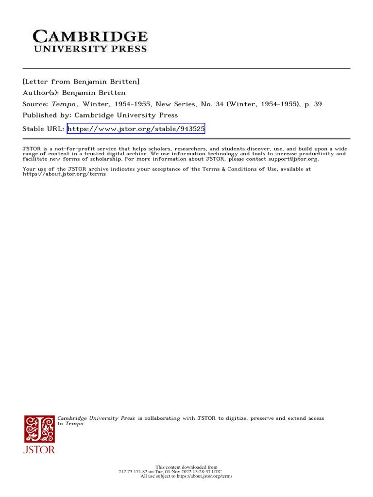 Letter From Benjamin Britten | PDF | Orchestras | Musical Compositions