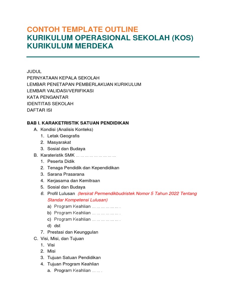 Template Outline Kos - Contoh | PDF
