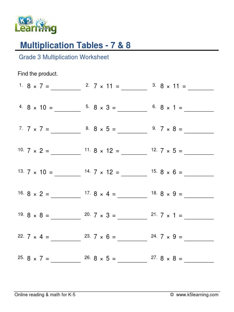 Grade 3 Multiplication: 7 & 8 Worksheets | PDF | Teaching Methods ...