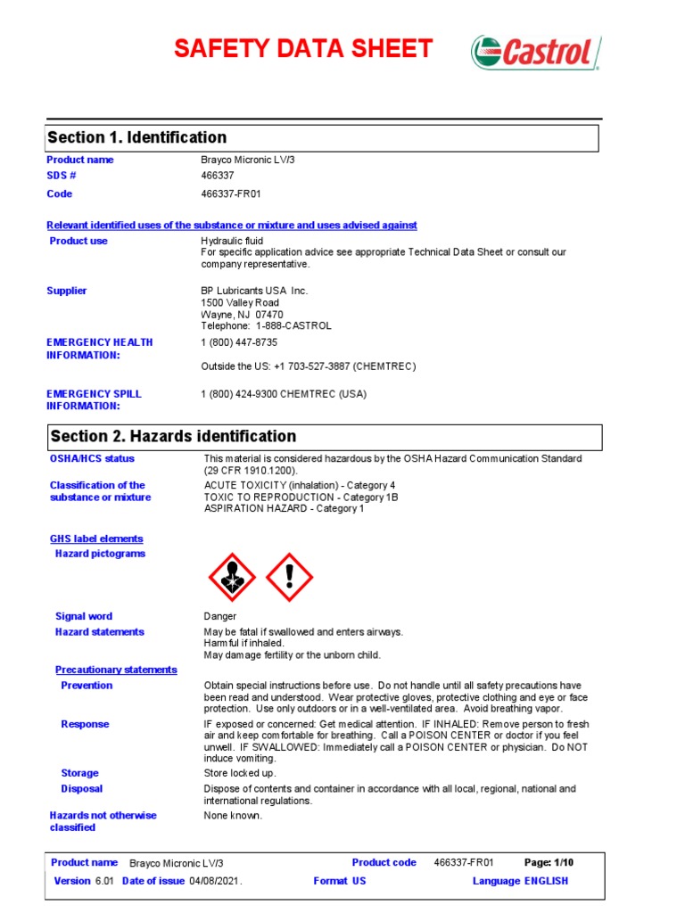 Castrol Brayco Micronic LV3 | PDF | Waste | Personal Protective Equipment