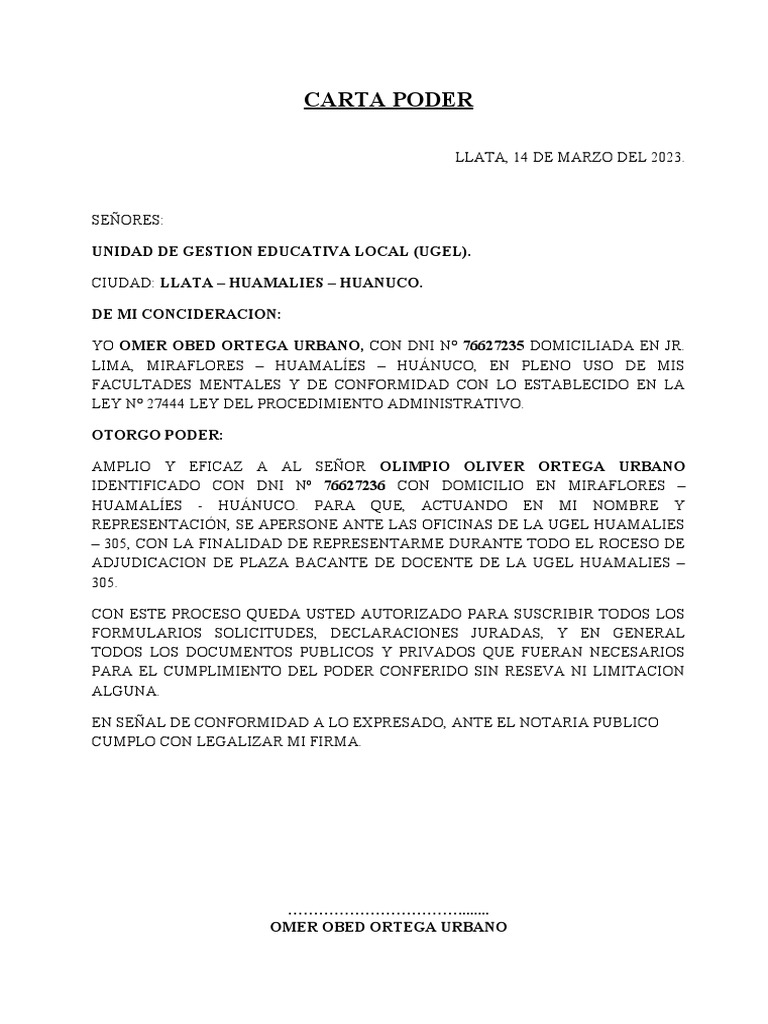 Carta Poder para Adjudicacion Ugel Huamalies Omer | PDF | Derecho