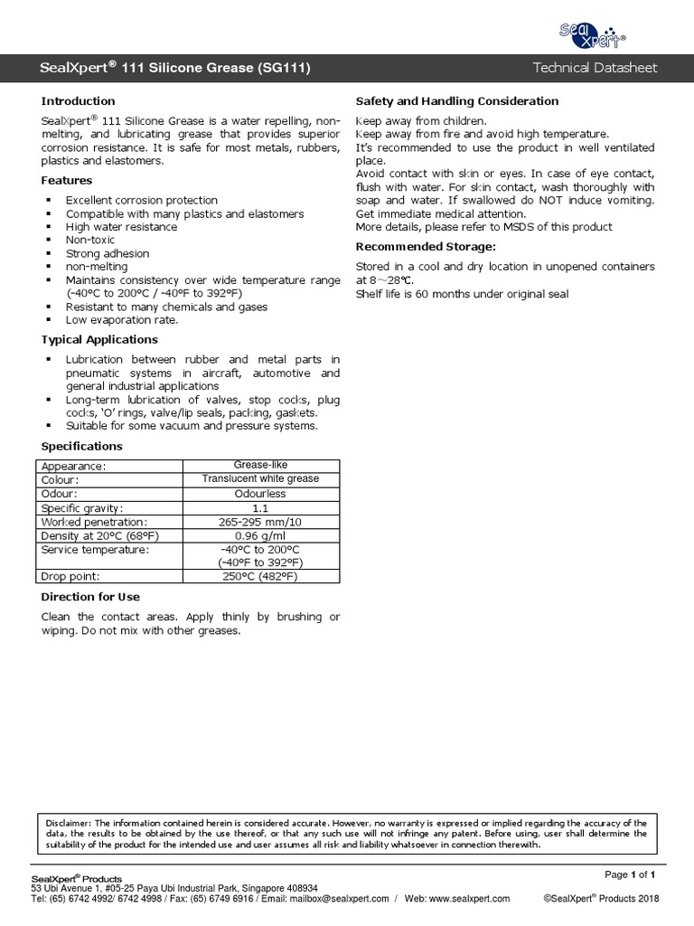 (SG111) Sealxpert 111 Silicone Grease - Rev 1 | PDF | Silicone | Water