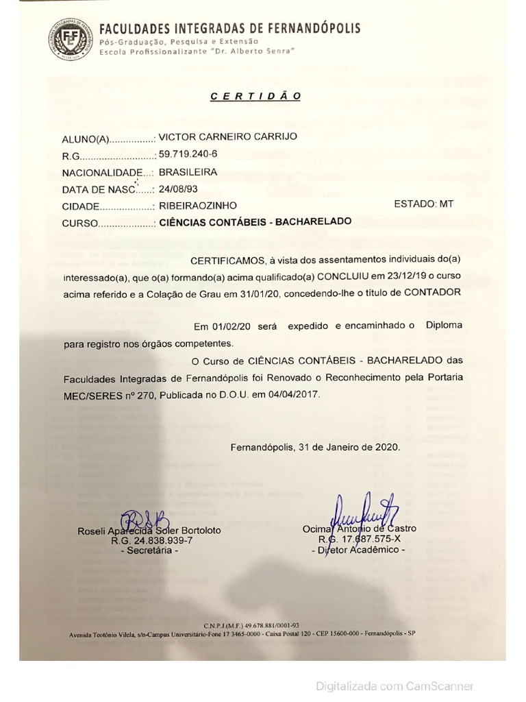 Certidão Facul Vitor | PDF