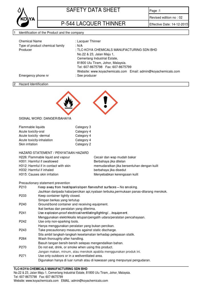 Koya P-544 Lacquer Thinner Sds | PDF | Waste Management | Firefighting
