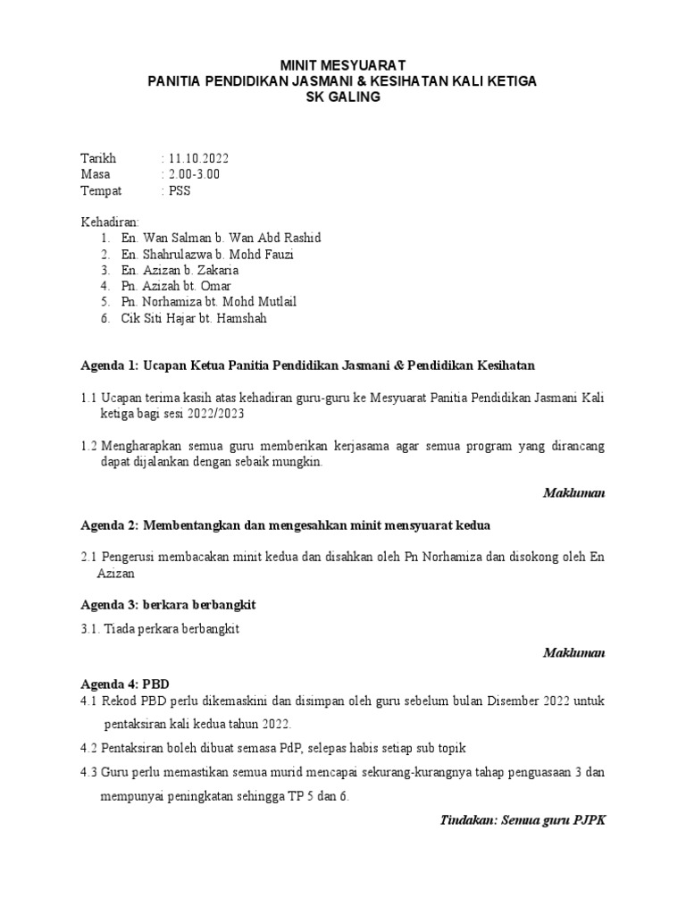 Minit Mesyuarat Panitia Pendidikan Jasmani Kesihatan Kali 3 | PDF