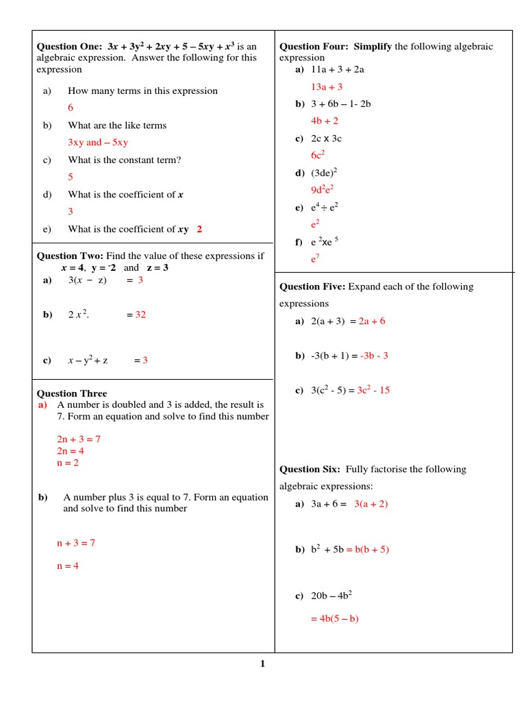 Algebra Review Answers | PDF | Elementary Mathematics | Mathematics