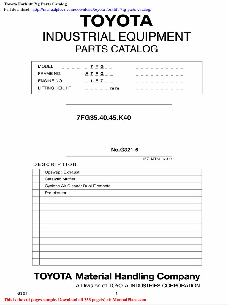 Toyota Forklift 7fg Parts Catalog | PDF