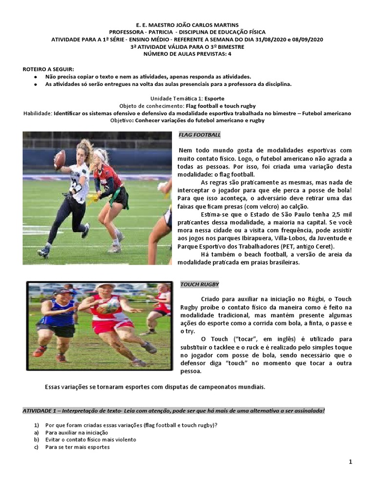 3 - 1 SÉRIE - Flag Football e Touch Rugby | PDF | Rugby | Futebol americano