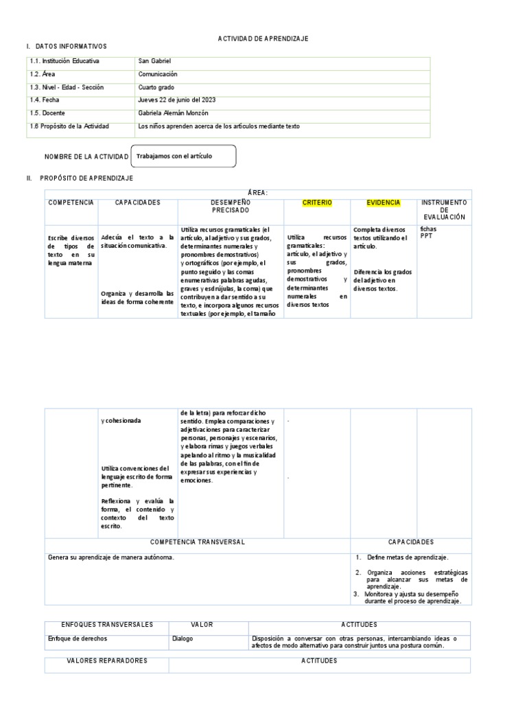Sesion de Aprendizaje de Comunicacion Jueves 22 de Junio El Articulo ... Sesion de Aprendizaje de Comunicacion Jueves 22 de Junio El Articulo ...