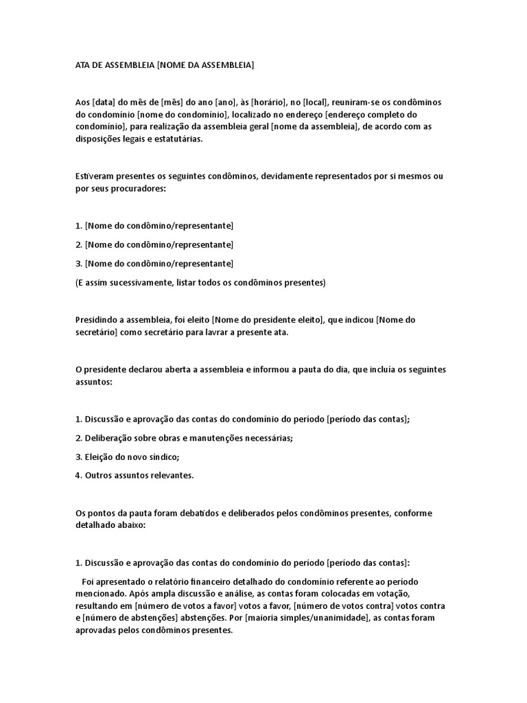 Modelo ATA DE ASSEMBLEIA | Download grátis PDF | Condomínio | Governo