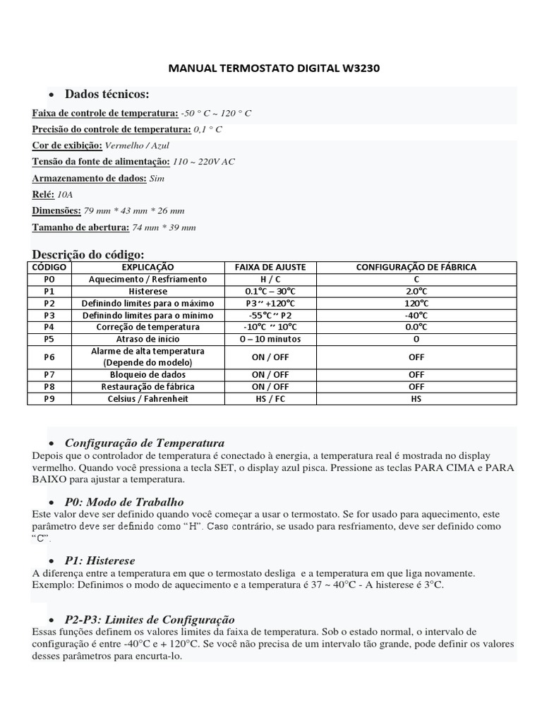 Manual Termostato Digital W3230 (Português) | PDF | Temperatura | Termostato