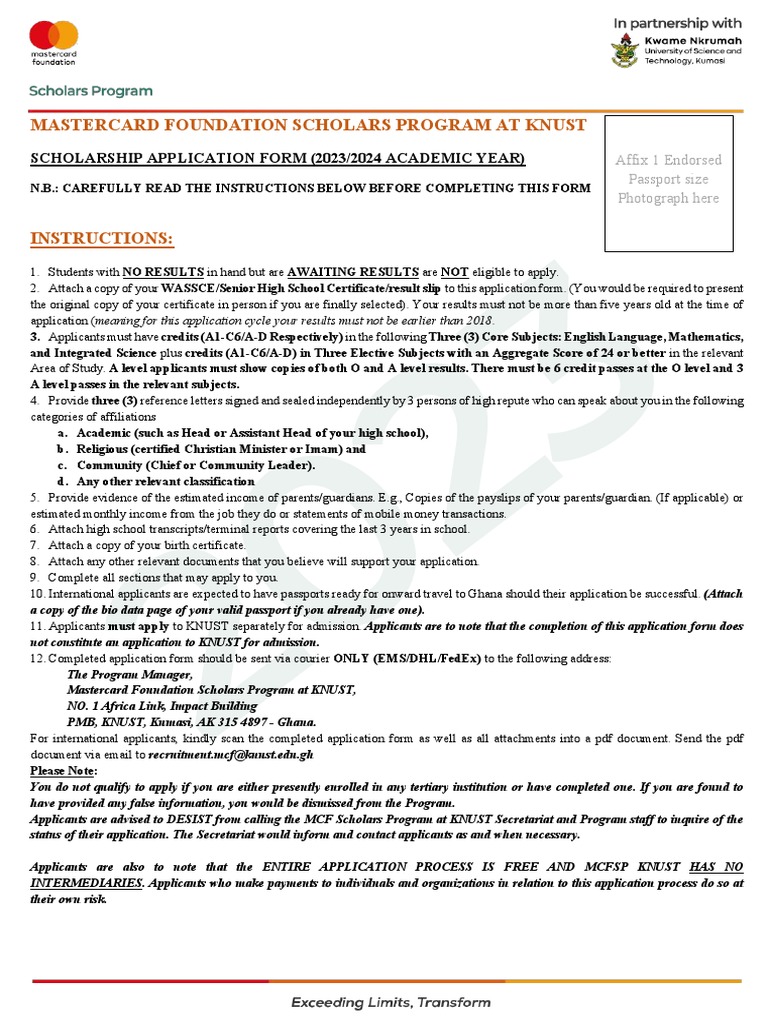 Mastercard Foundation Scholars Program at Knust 2023 Application Form ...