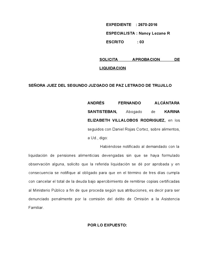 ESCRITO SOLICITANDO APROBACION DE LIQUIDACION | PDF