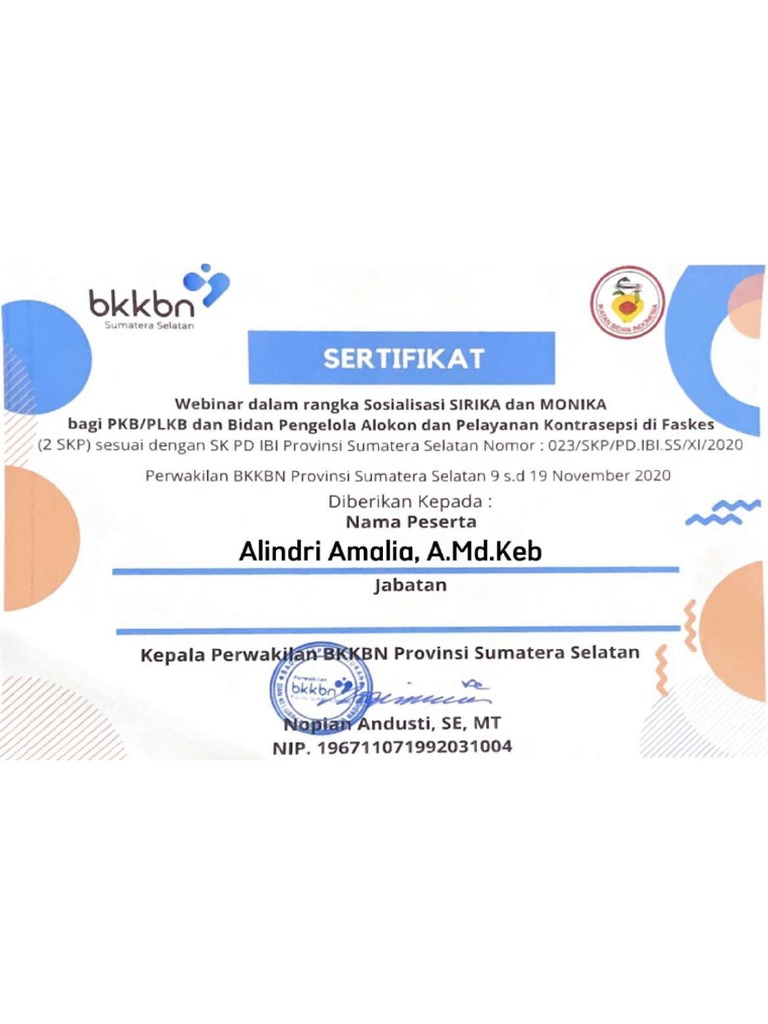 Sertifikat BKKBN Alindri Amalia, A.Md - Keb | PDF