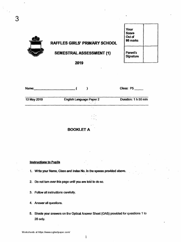 P5 English SA1 2019 Raffles Exam Papers | PDF