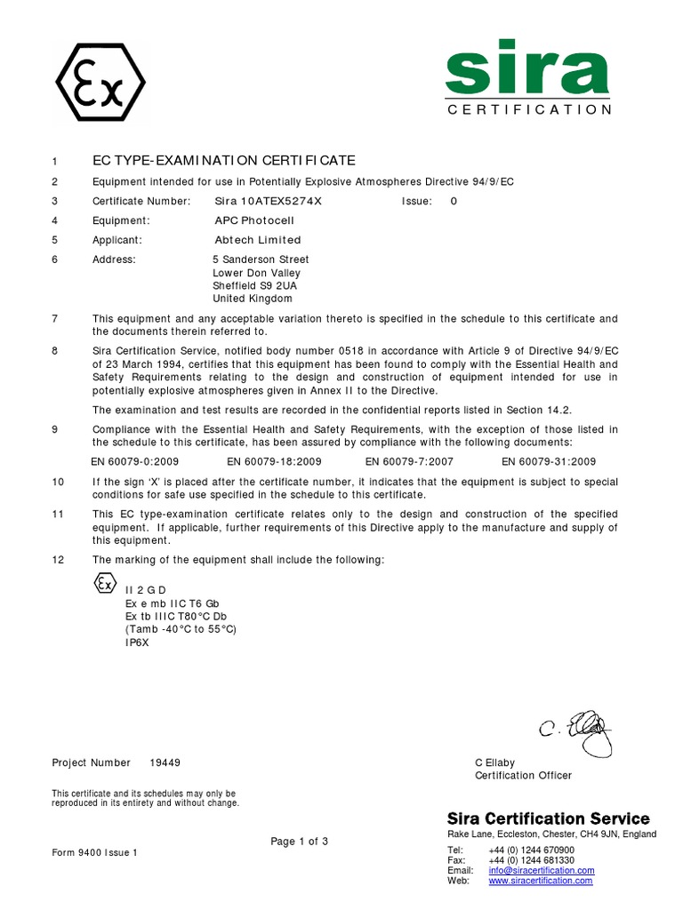 Sira 10ATEX5274X Issue 0 (Zone 1) | PDF | Screw | Building Engineering